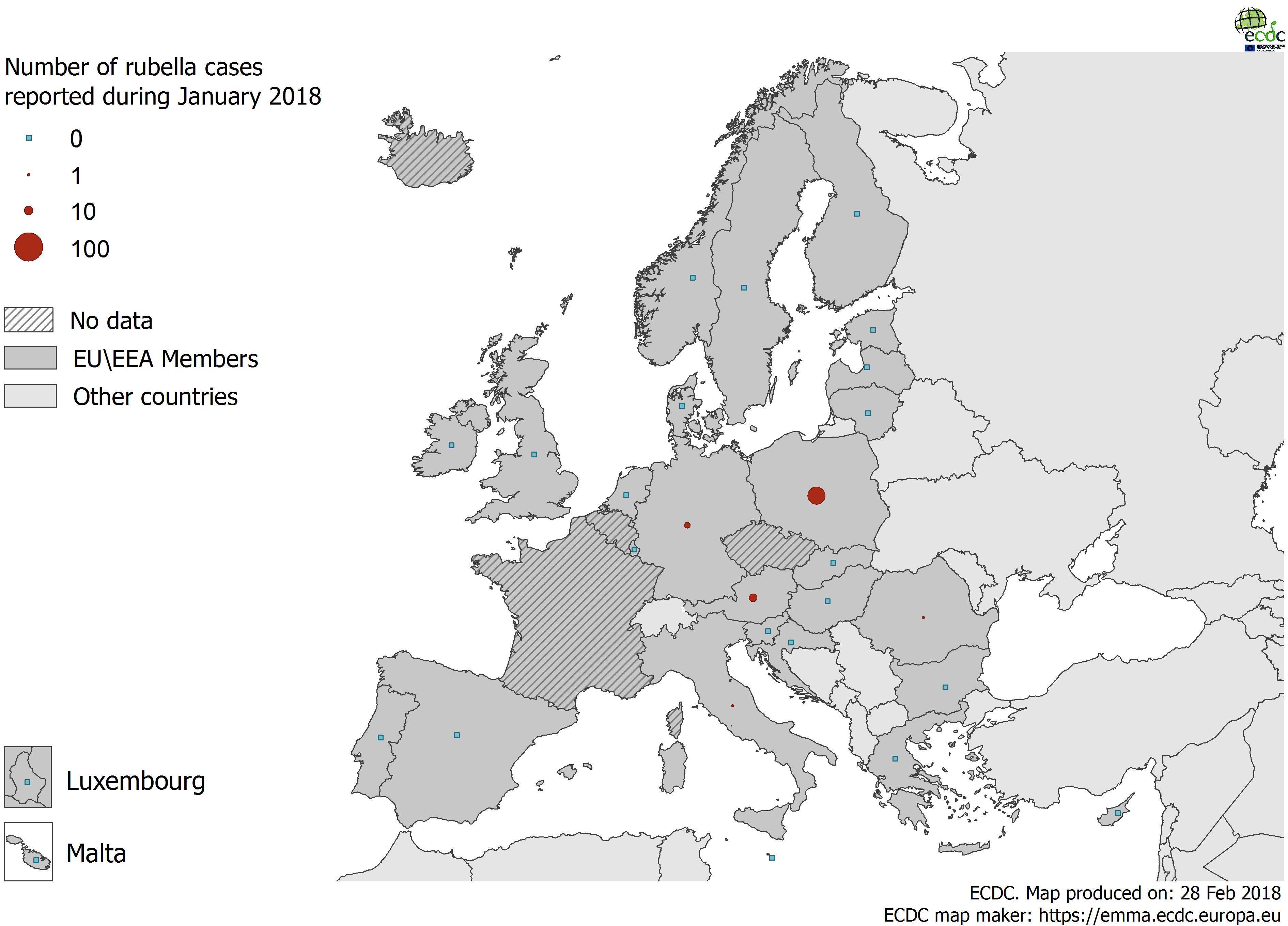 Distribution of rubella cases by country, January 2018 in EU/EEA countries