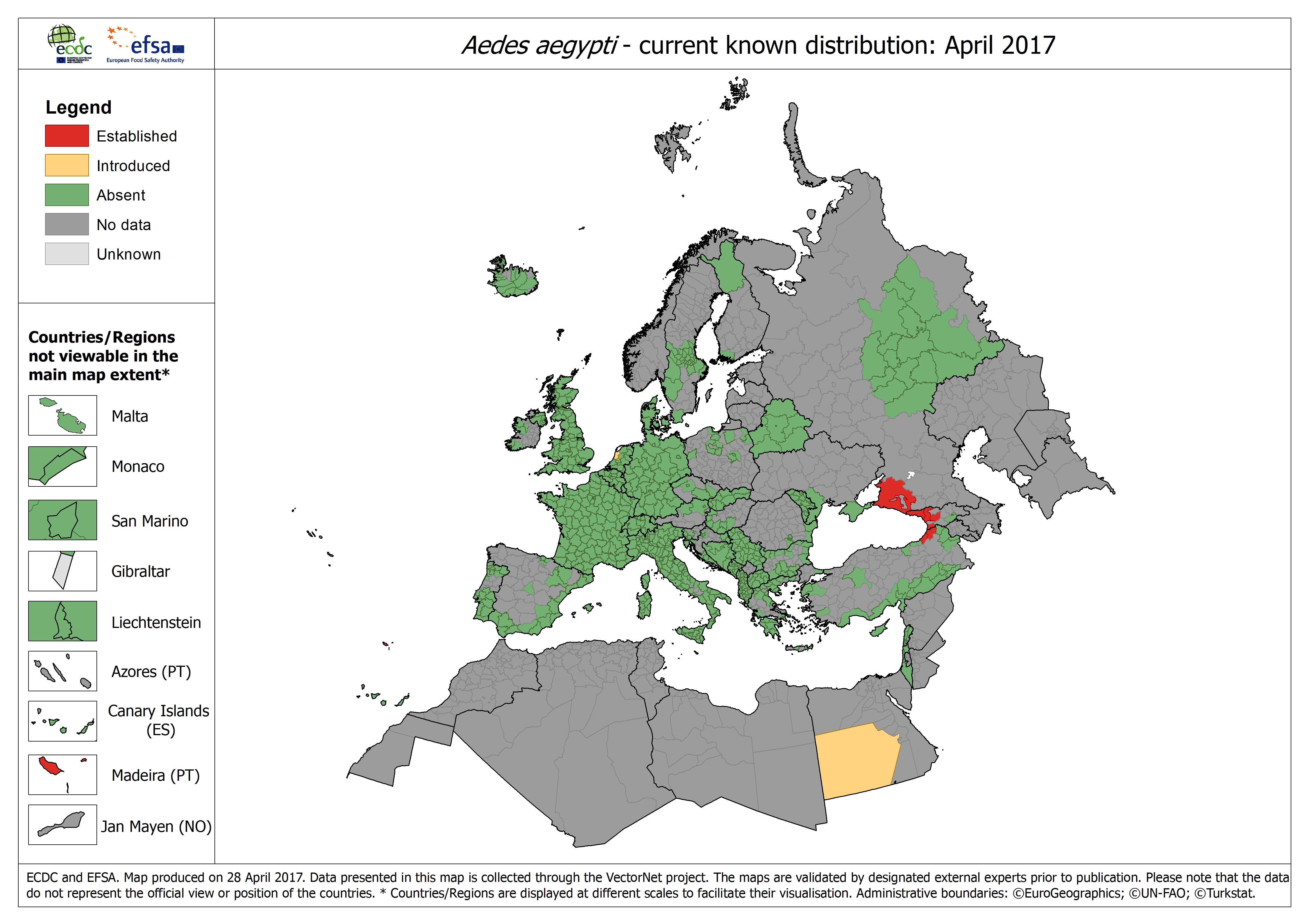 Aedes aegypti - current known distribution in Europe, April 2017