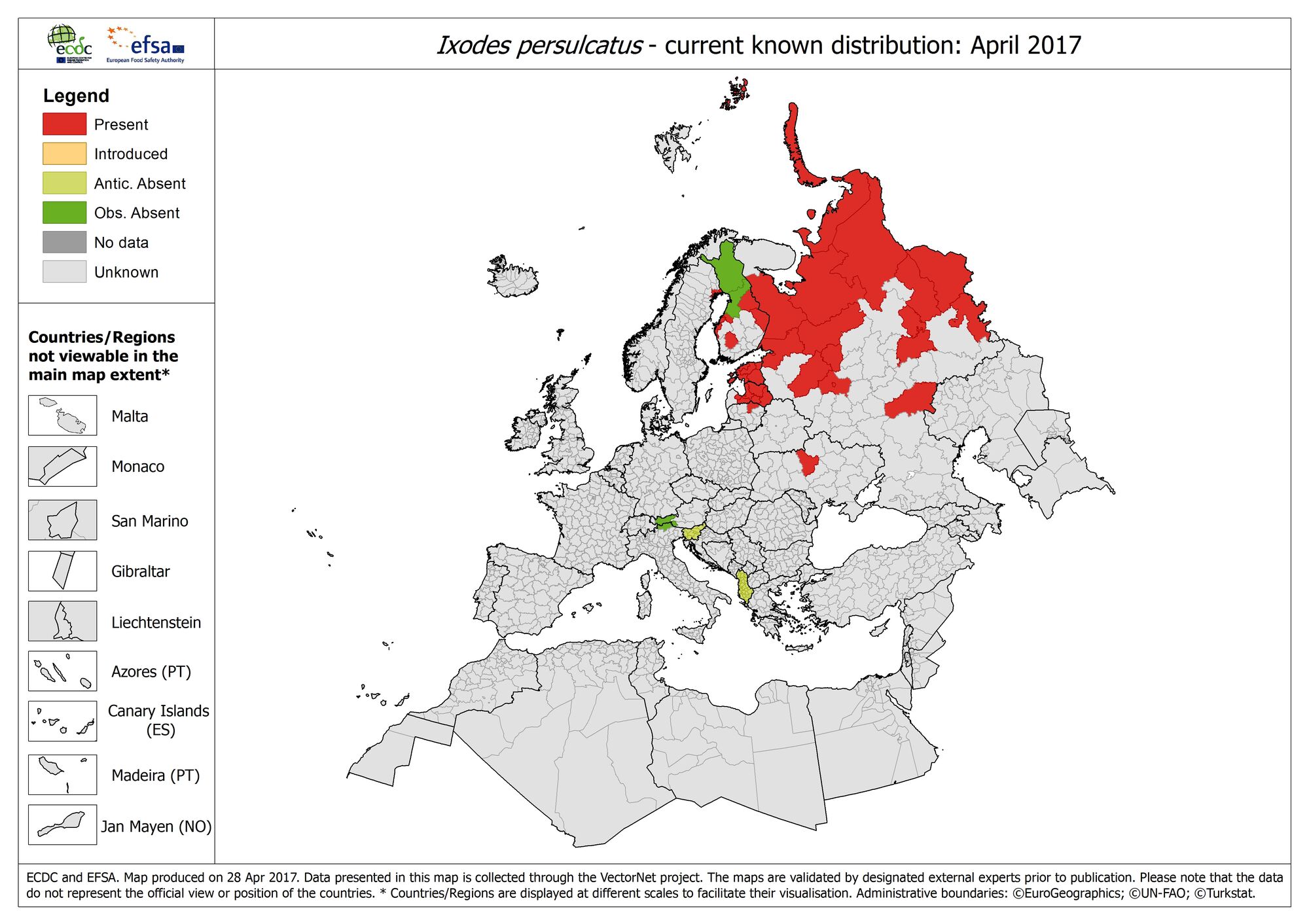 Ixodes persulcatus - current known distribution in Europe, April 2017